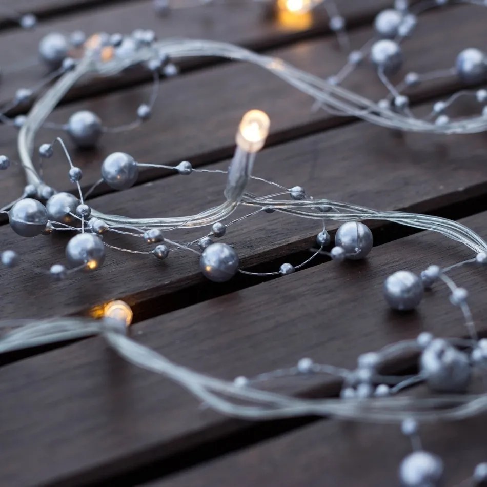 LED světýlka na baterie, perly stříbrné, 1,3 m, teple bílá, 10 diod, čirý kabel, IP20 interiér, 2 × AA
