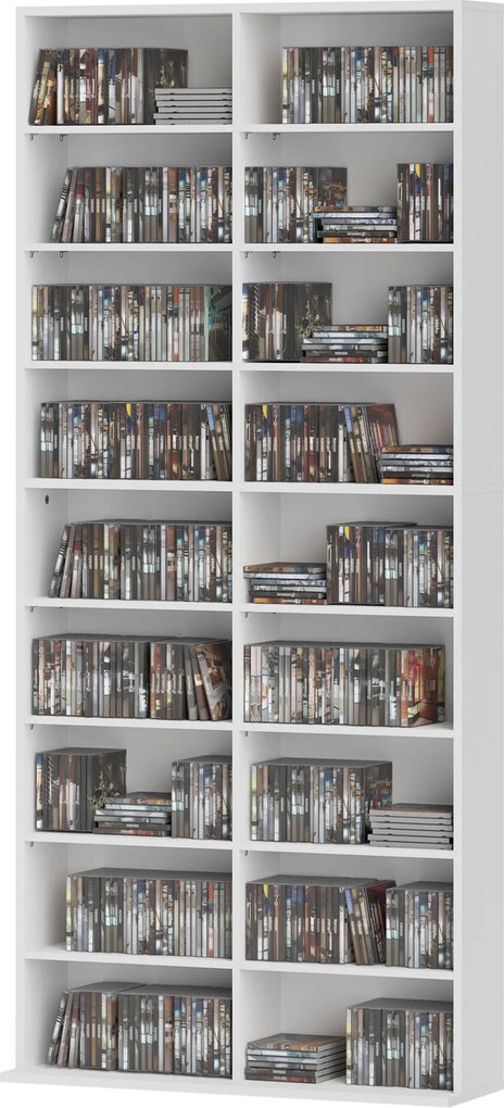 HOMCOM úložný stojan na CD a DVD 18 přihrádek, maximální kapacita 640 CD/360 DVD 430 Blu-ray, 78,5 x 24 x 175 cm, bílý