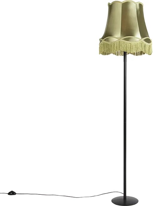 Retro stojací lampa černá s babičkovým stínítkem zelená 45 cm - Simplo