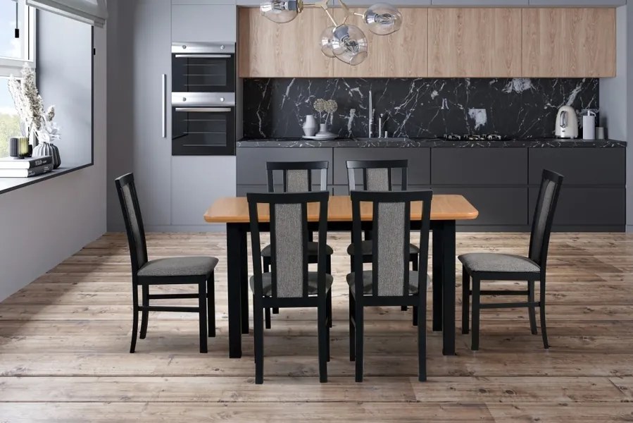 Drewmix jídelní sestava DX 6 odstín lamina (deska stolu) bílá, odstín dřeva (židle + nohy stolu) bílá, potahový materiál látka