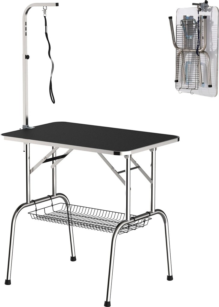 PawHut Grooming Table - Stůl na úpravu domácích zvířat, stříhací stůl s košíkem, skládací stůl pro psy, koupací stůl pro psy, výškově nastavitelný, ne