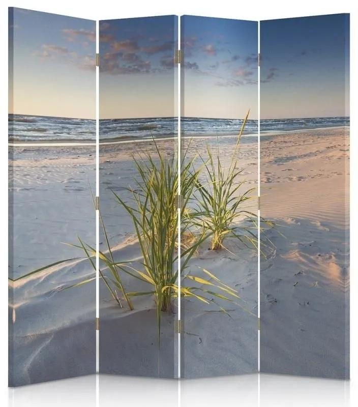 Ozdobný paraván, Fialové světlo nad pláží - 145x170 cm, čtyřdílný, klasický paraván