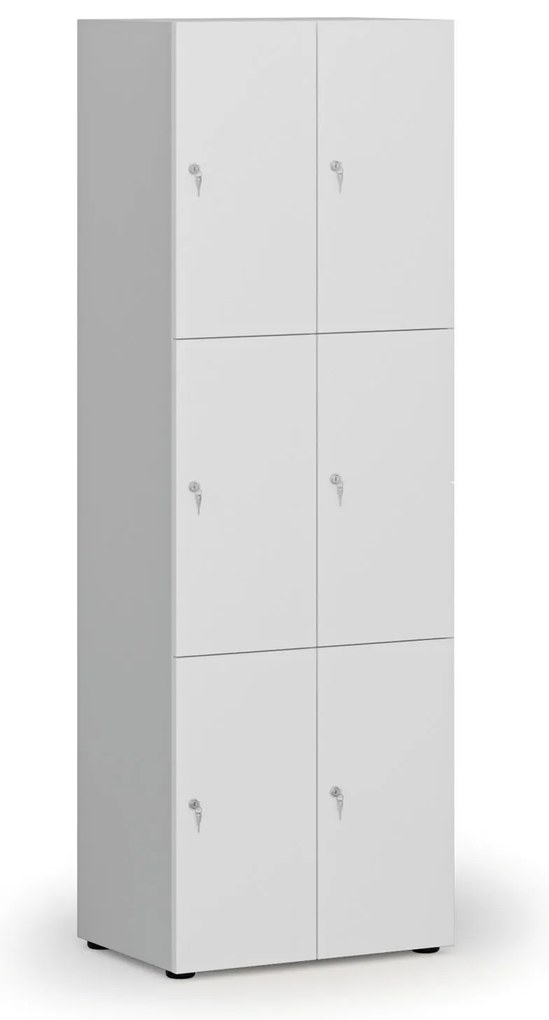 Dřevěná šatní skříňka S4 s úložnými boxy, 6 boxů, demont, cylindrický zámek, šedá/bílá