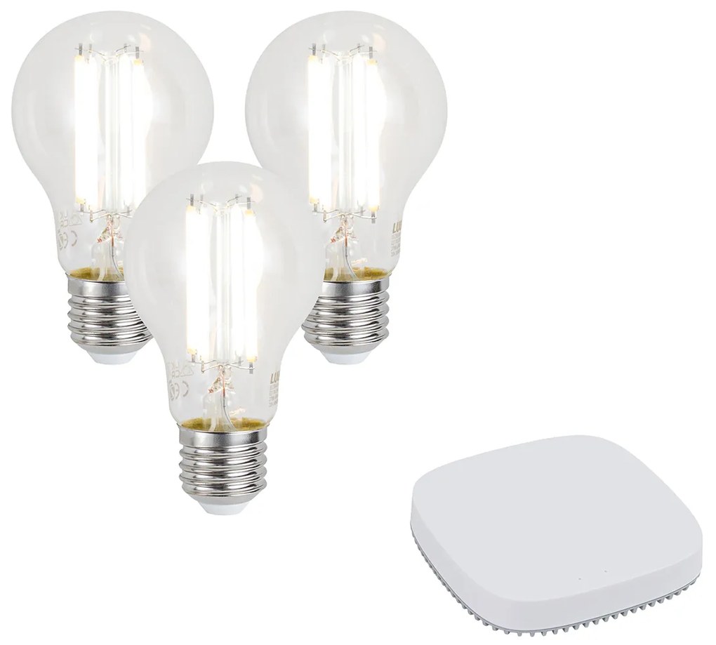 Sada 3 chytrých stmívatelných LED žárovek E27 A60 7W 806LM 2700-6500K včetně Zigbee Smart Hub