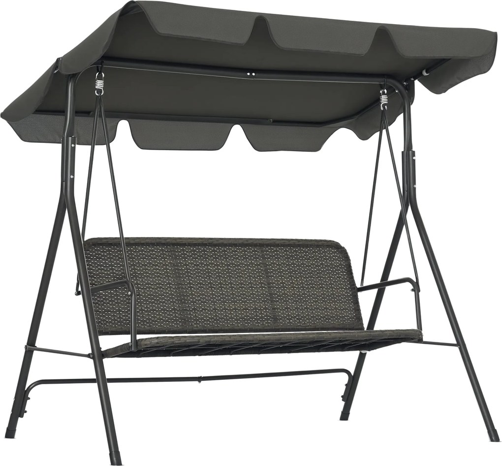 Outsunny zahradní houpačka pro tři osoby s nastavitelnou stříškou, sedadlo z PE ratanu a opěrkami na balkón, terasu, patio, nosnost 240 kg, 167x112x15