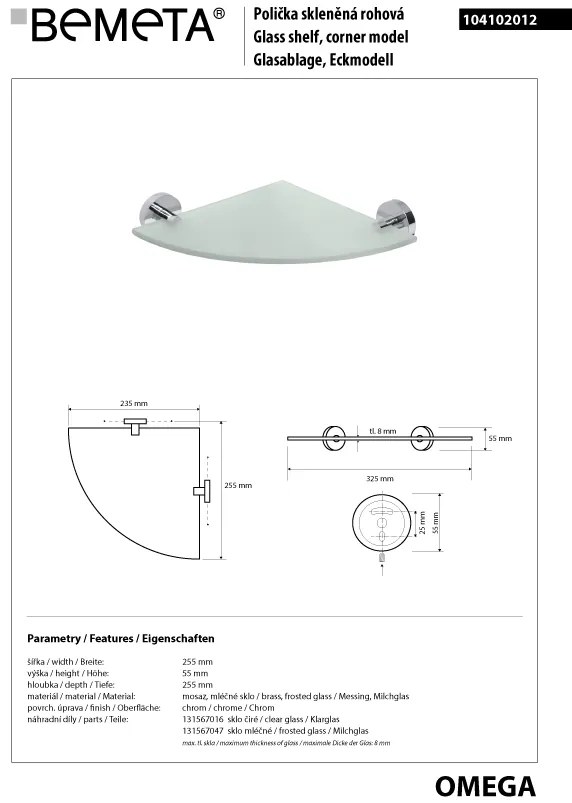 Bemeta Design OMEGA: Polička, rohová, sklo -
