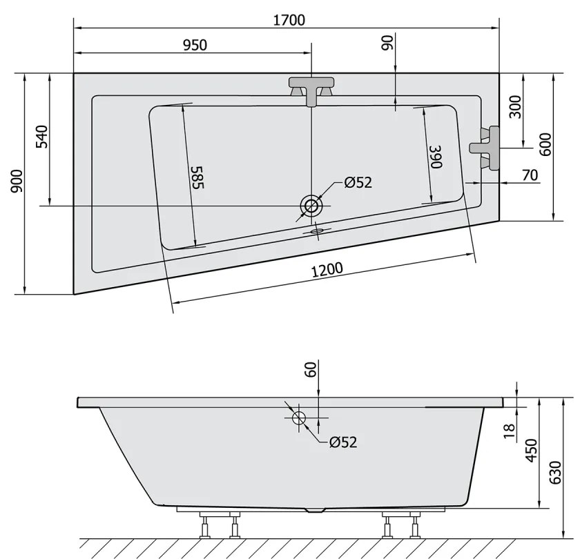 Polysan ANDRA L SLIM asymetrická vana 170x90x45cm, bílá 81111S