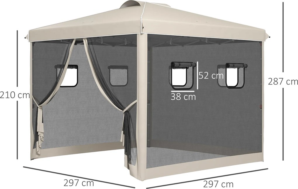 Skládací altán, výškově nastavitelný, síťové závěsy, taška na přenášení, kovový rám, 3 x 3 x 3 m, béžový