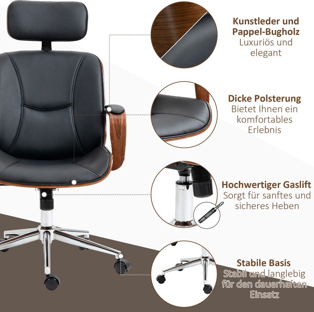 Ergonomická kancelářská židle Vinsetto s otočnou deskou a PU koženým potahem, s odnímatelným opěradlem, nastavitelnou výškou a naklápěcí funkcí 63x62…