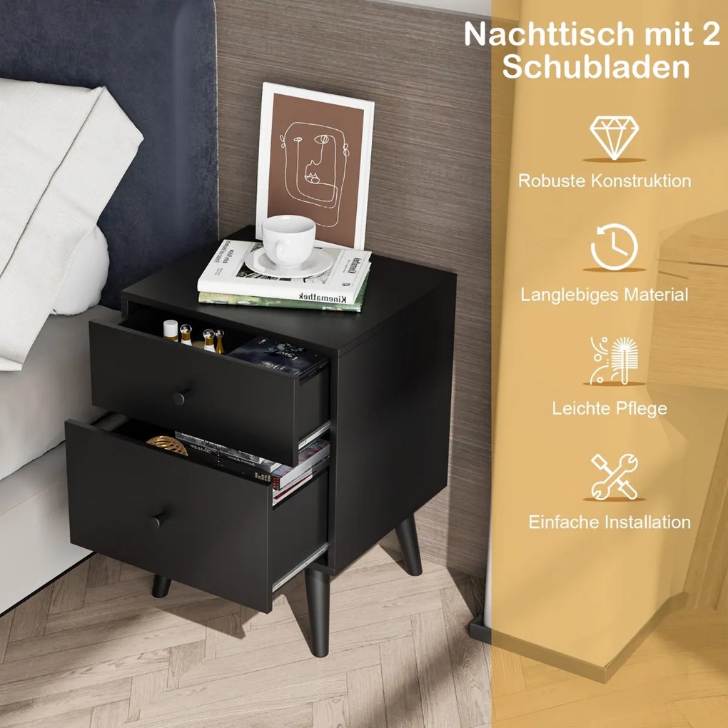 Costway Noční stolek se 2 zásuvkami s nohami z masivního dřeva dub, přírodní
