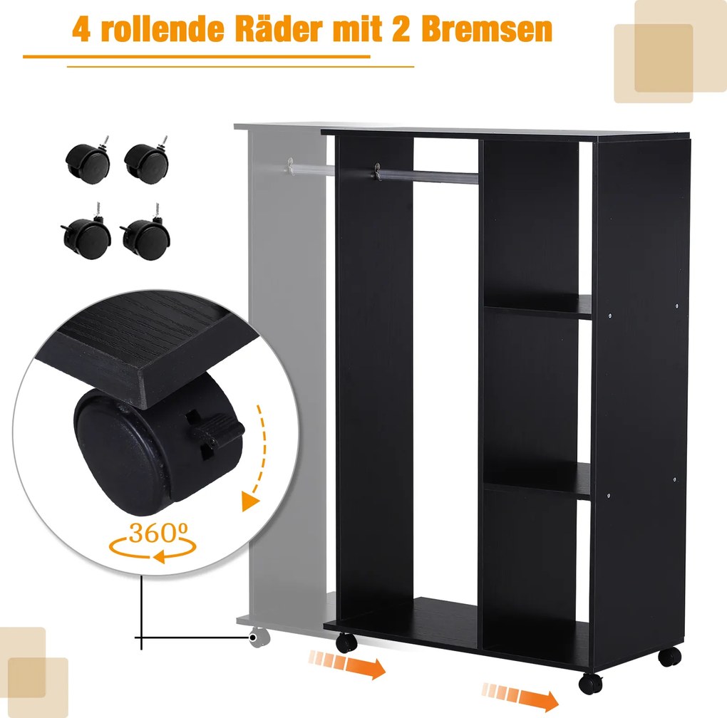 HOMCOM Skříň na kolečkách s otevřeným designem pro oblečení s ramínkovou tyčí a policemi organizátor pro ložnici 80x40x128 cm Černá
