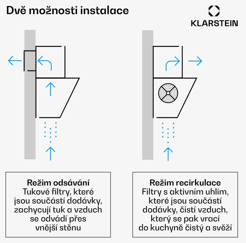 Klarstein BigBite šikmá digestoř | režim odsávání vzduchu a recirkulace | bezpečnostní sklo | 417 m³/h | 60 cm