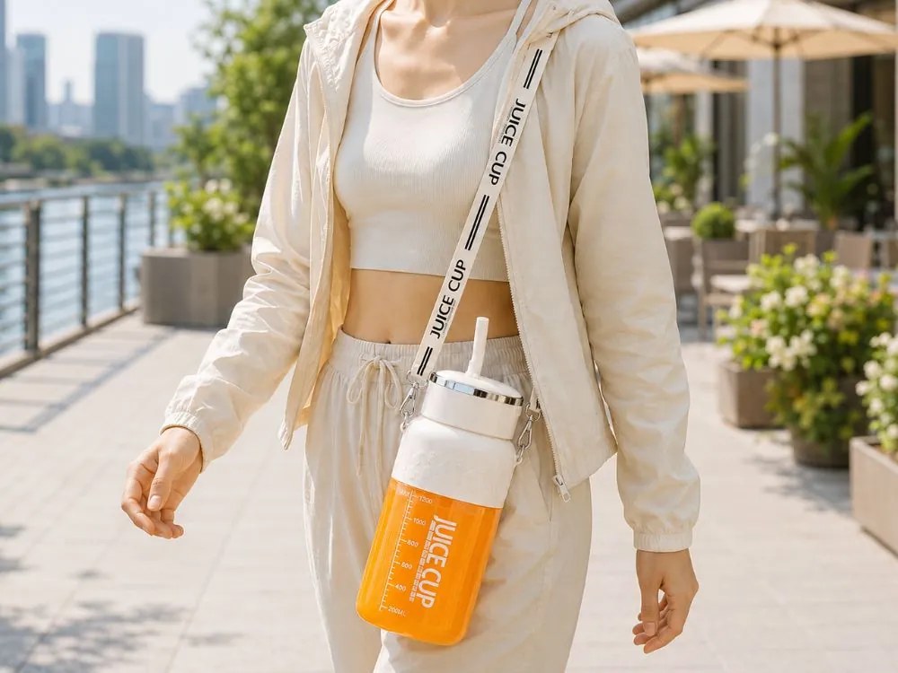Verk Group Láhev s mixérem usb 1200 ml, hrnek na smoothie, šejker se slámkou a páskem