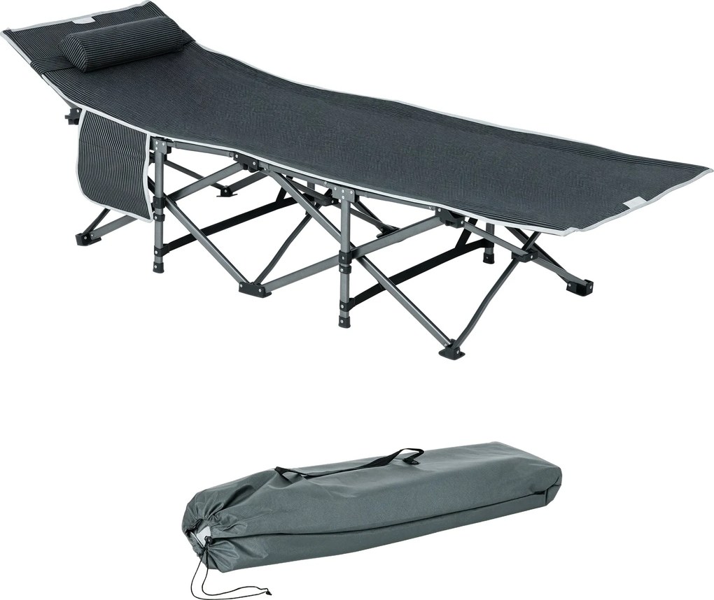 Skládací kempovací postel Outsunny s polštářem a boční kapsou až do 150 kg, ideální pro cestování, venkovní použití, Oxford šedá, 188 x 64,5 x 53 cm |