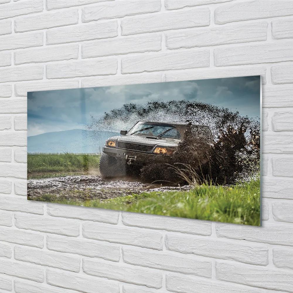 akrylový obraz Auto Field hory mraky 100x50 cm