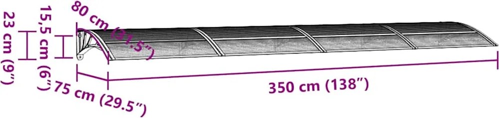 Vchodová stříška černá 350 x 75 cm polykarbonát 153593