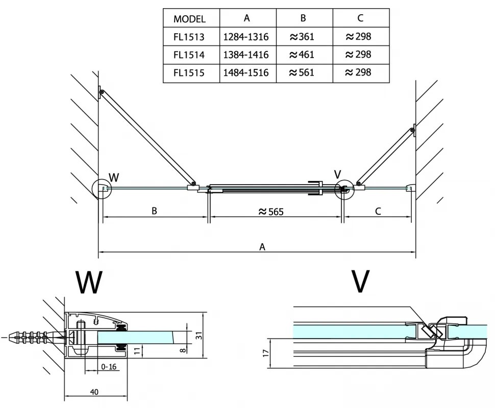 Polysan FORTIS sprchové dveře do niky trojdílné 1500mm, čiré sklo, pravé FL1515R