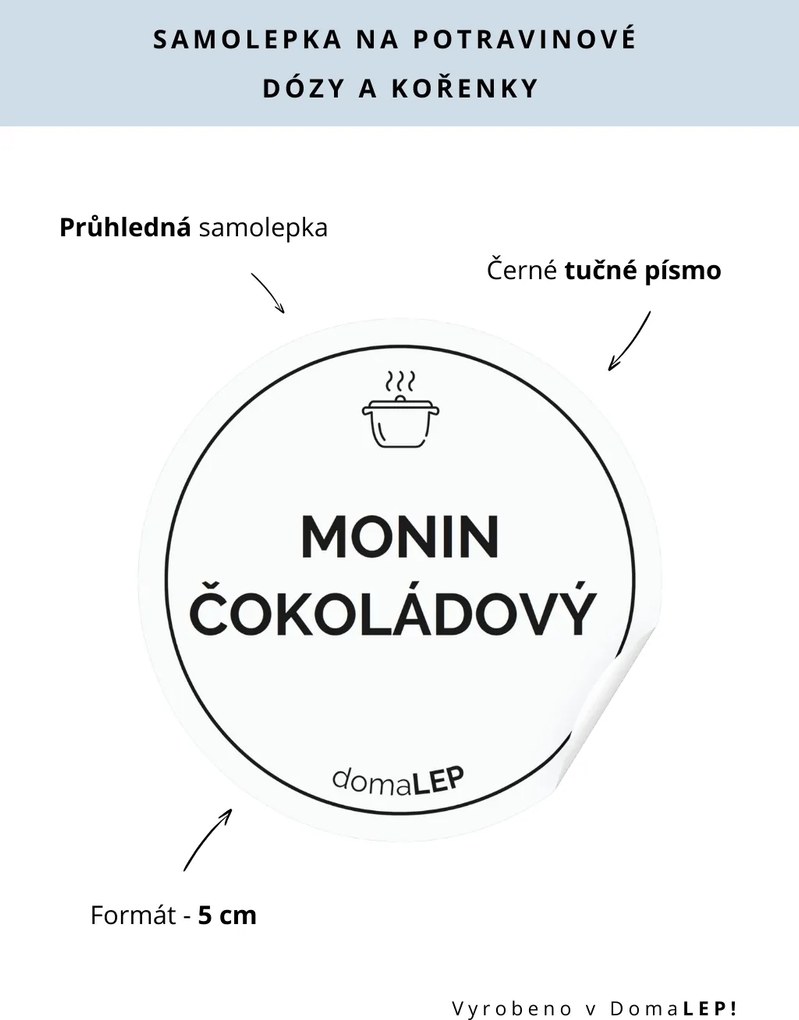 Samolepka na láhev MONIN ČOKOLÁDOVÝ průměr 5 cm – průhledná vinylová, voděodolná, omyvatelná samolepka na dózy, tučné písmo