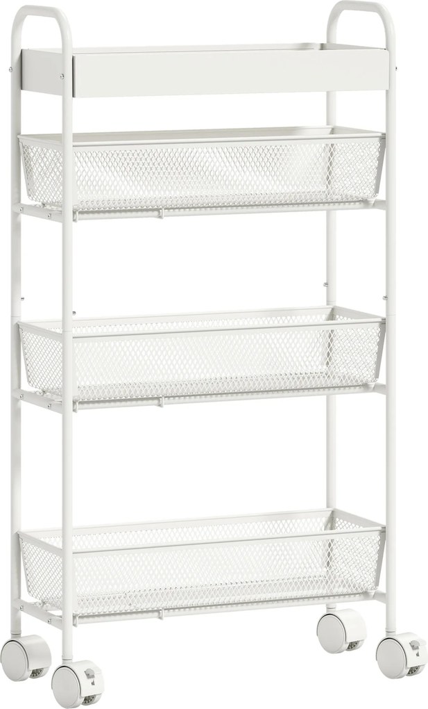 HOMCOM Kuchyňský vozík z kovu, 3 koše, úzký design, 4 kola, pro kuchyň, obývací pokoj, koupelnu, bílý