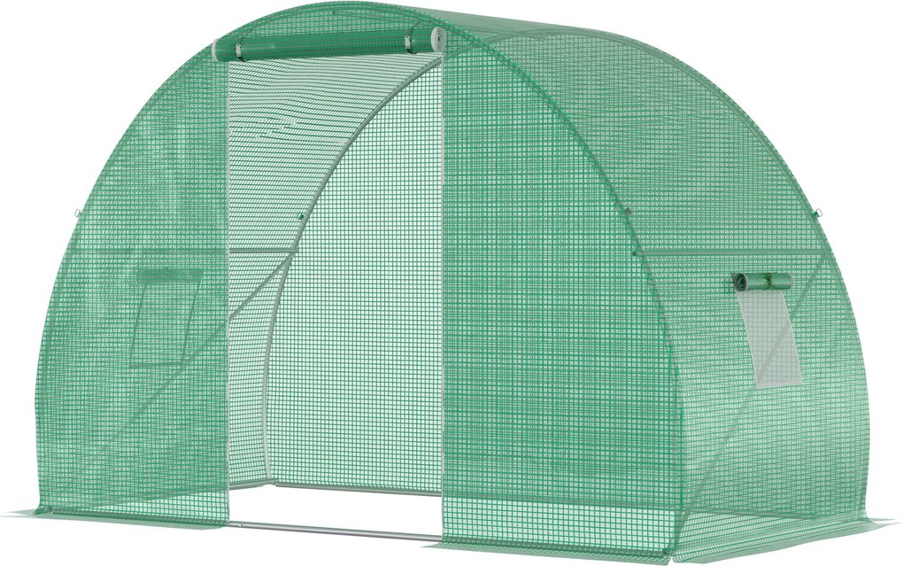 Zimní skleník Outsunny s tunelovým designem, plocha 4,5 m², rozměry 3L x 1,5W x 2H m, vyztužený rám, zipové dveře, 2 okna pro ventilaci, zelený