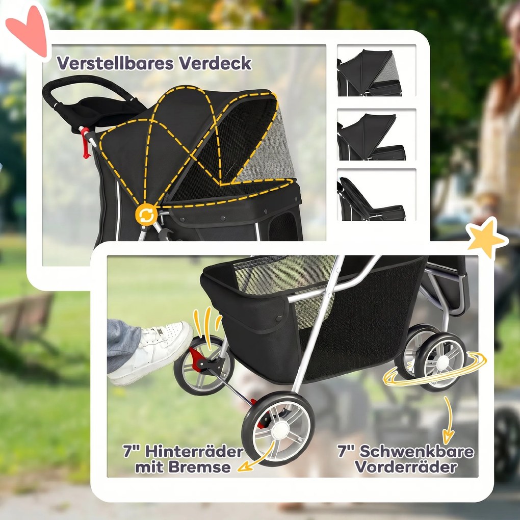 PawHut Skládací kočárek pro psy s úložným košíkem Polštářek Síťované okénko Držák na kelímek pro malé psy do 10 kg Černý