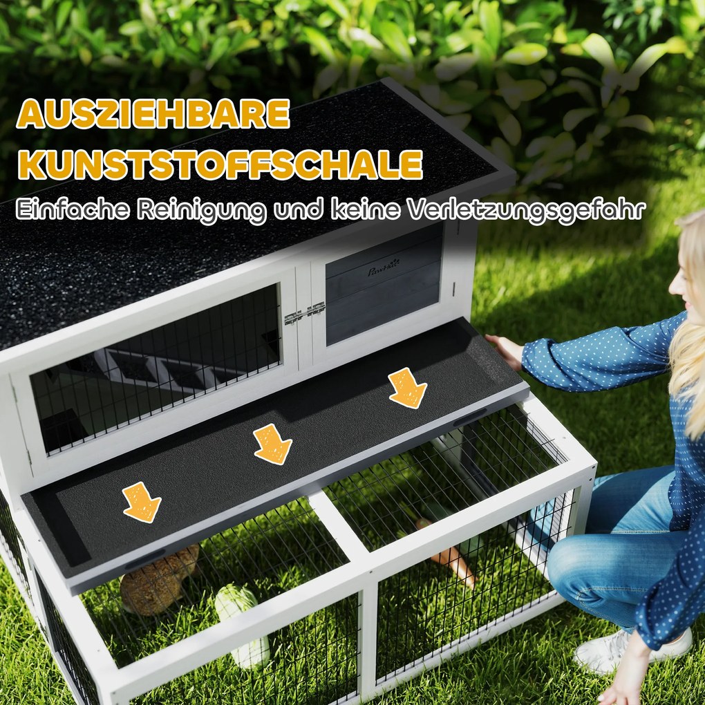 PawHut Kotec pro králíky 2 patra se skládací střechou, dřevěná králičí klec, zimní dvoupodlažní dům s výběhem 122x95x93,5 cm, venkovní úkryt pro malé…