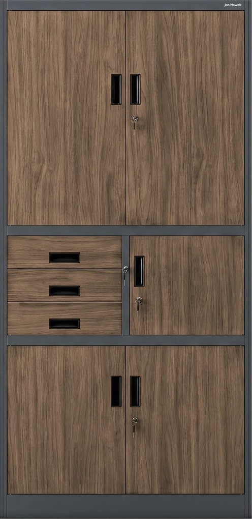 Kovová kancelářská skříň se sejfem antracitová, ořech, 900x1850x400 mm: FILIP II Eco Design