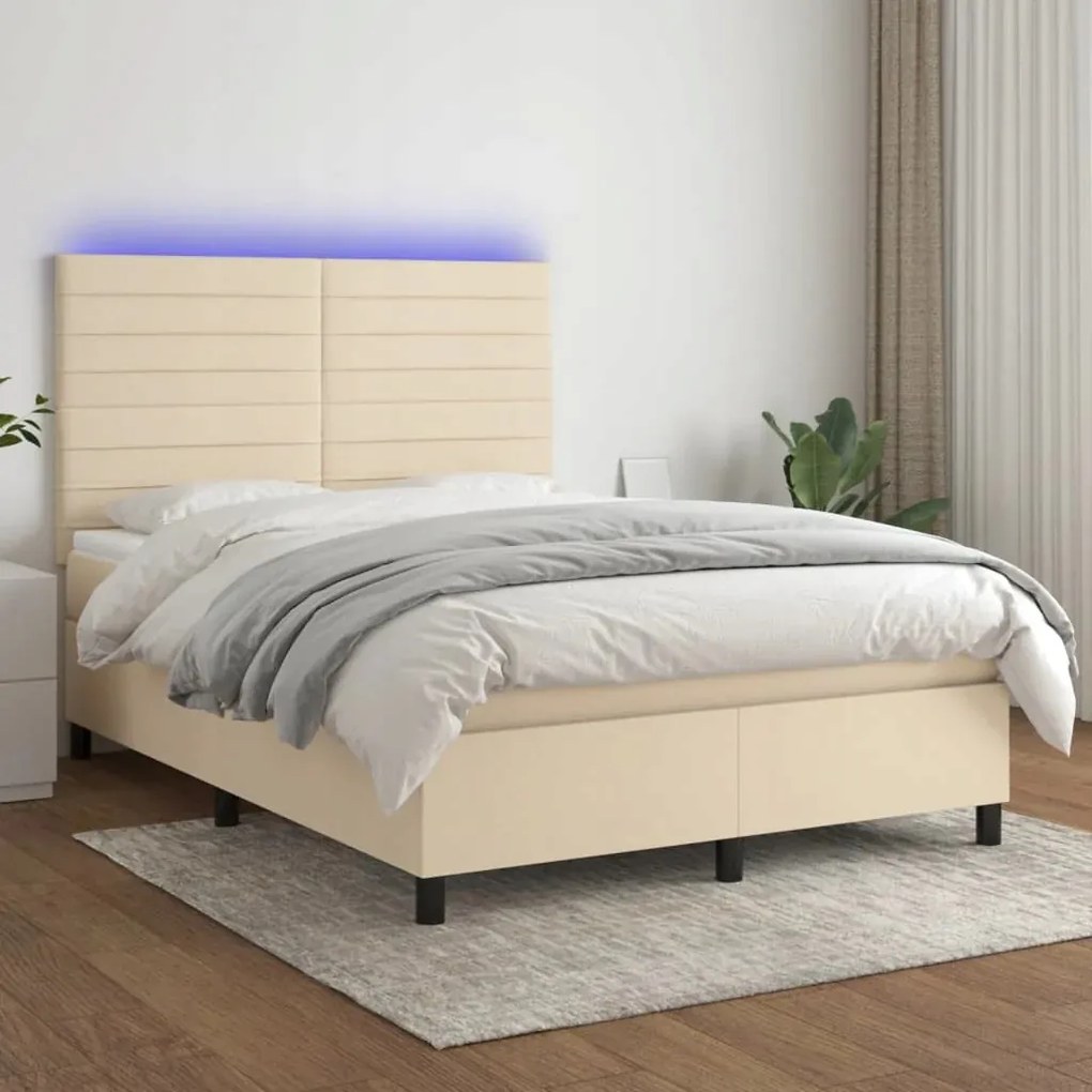 Box Spring Postel S Matrací A Led Textil Krémová vodorovné pruhy 140 x 20