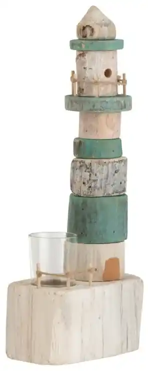 Dřevěný modro bílý svícen maják na jednu čajovou svíčku 14*9*38 cm | BIANO