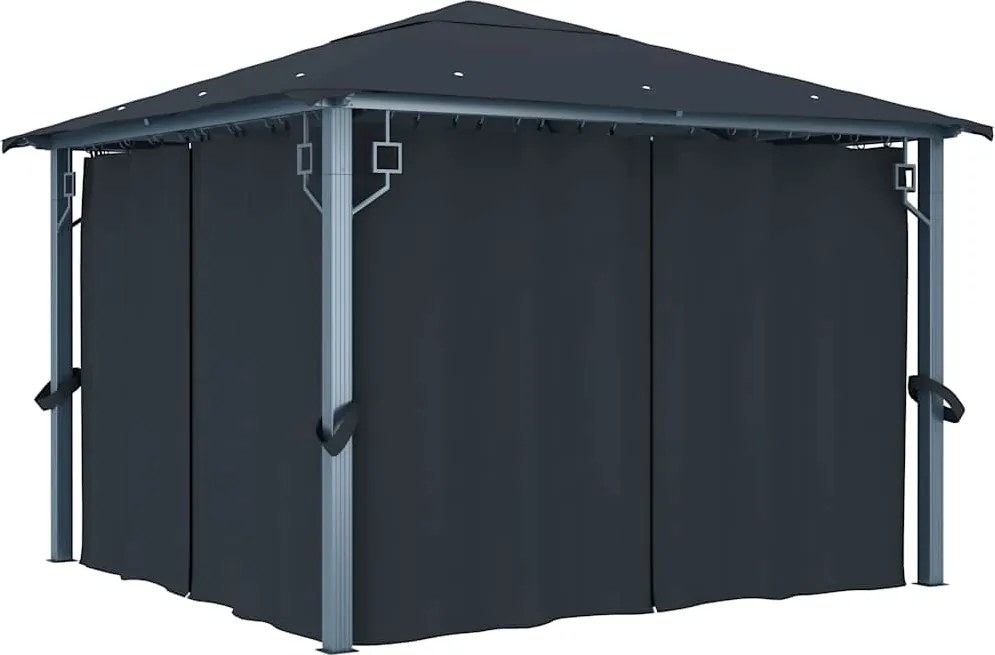 Altán se závěsy a světelnými LED řetězy 3x3m antracitový hliník 3070333