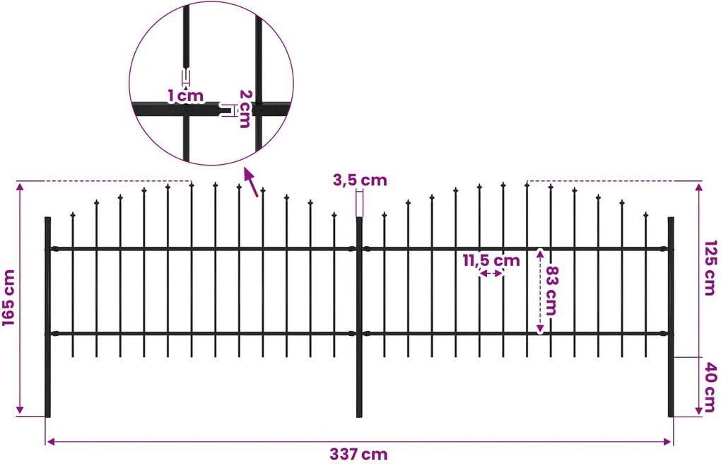 Zahradní plot s kopím nahoře ocelový 337 x 125 cm černý 277722