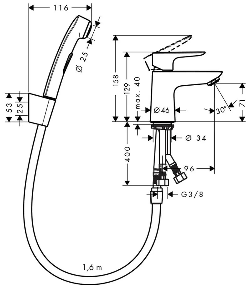 Hansgrohe Talis E - Páková umyvadlová baterie s ruční sprchou Bidetta a sprchovou hadicí 160 cm, chrom 71729000