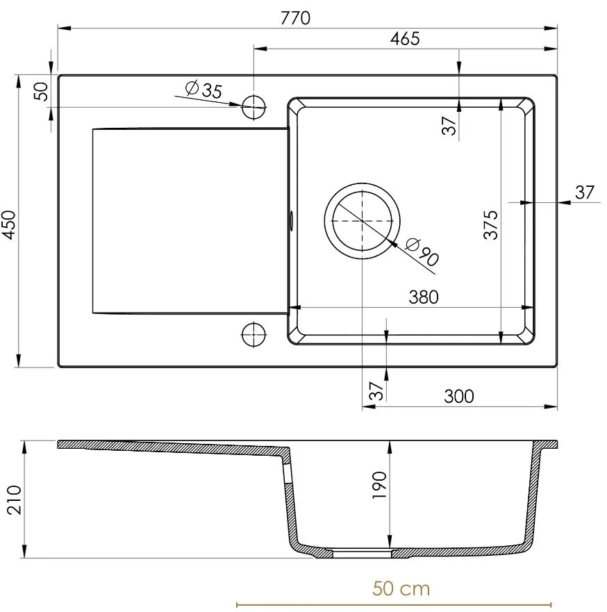 Sink Quality Ferrum, kuchyňský granitový dřez 770x450x190 mm + černý sifon, černá, SKQ-FER.C.1KDO.XB