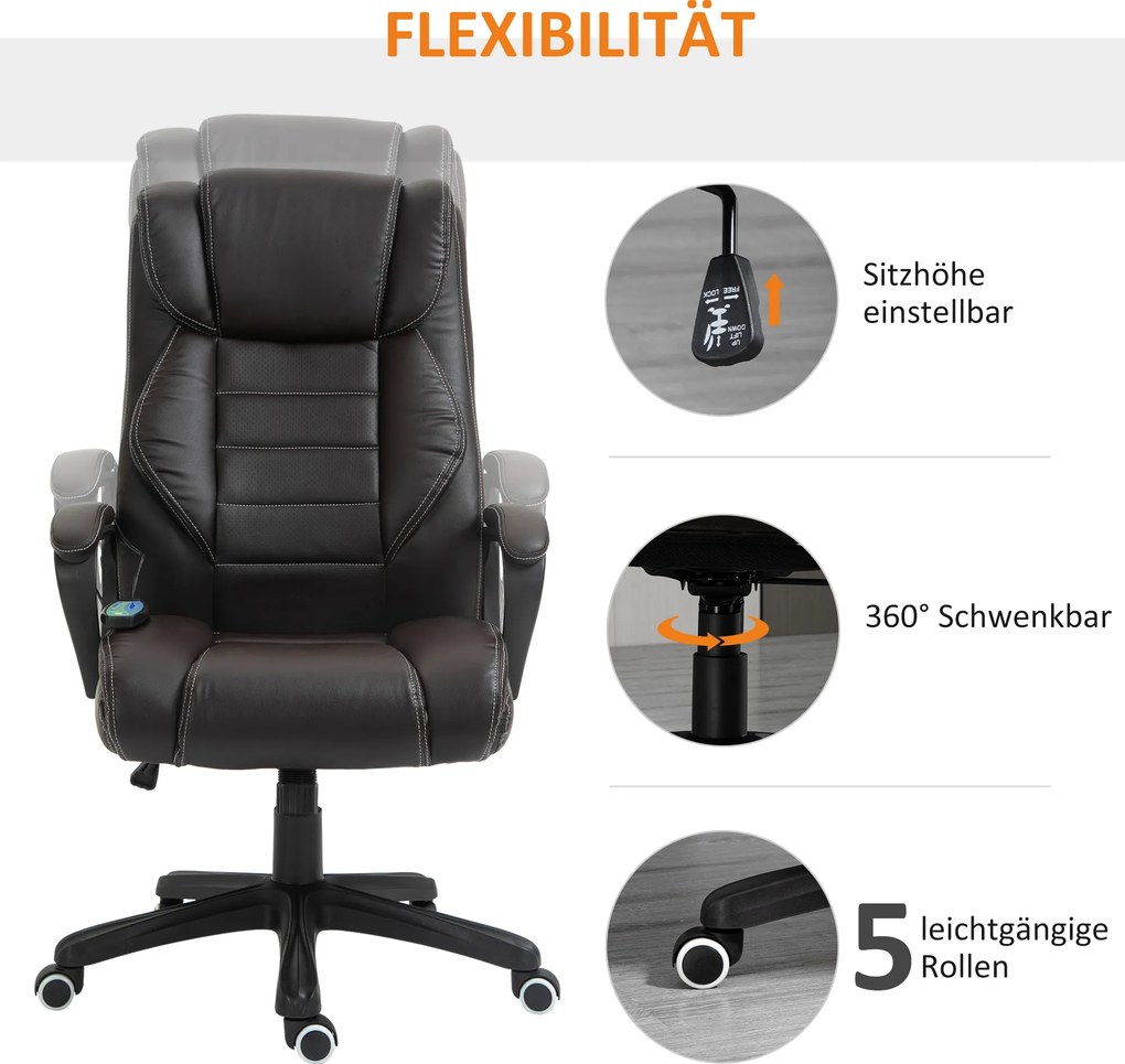 Vinsetto kancelářská židle s masážní funkcí, ergonomická exekutivní židle s vibrační masáží, sklopná funkce, výškově nastavitelná kancelářská otočná …