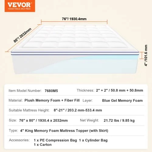 Matrac Topper Premium Memory Foam Fiber Fill King tloušťka 101,6 mm
