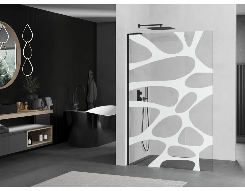 Mexen Kioto L, sprchová zástěna Walk-In 100 x 200 cm, 8mm čiré sklo bílý vzor, černý profil, 800-100-103-70-97
