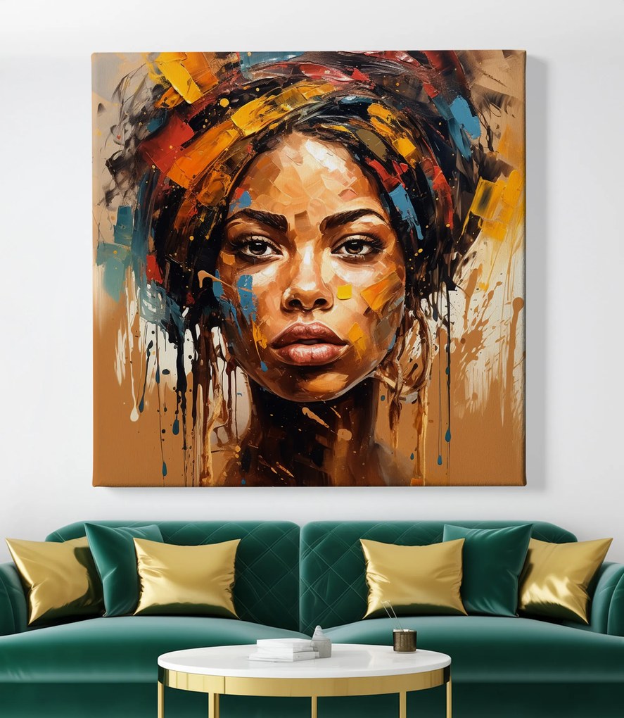 Obraz na plátně - Africká žena Aisha se zamyšleným pohledem FeelHappy.cz Velikost obrazu: 80 x 80 cm