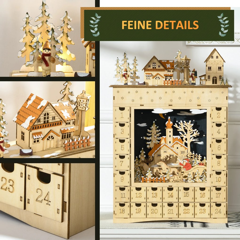 HOMCOM Adventní kalendář k naplnění, 24 šuplíků, přihrádky, vánoční kalendář s LED světly, přírodní dřevo, 36 x 9 x 52 cm