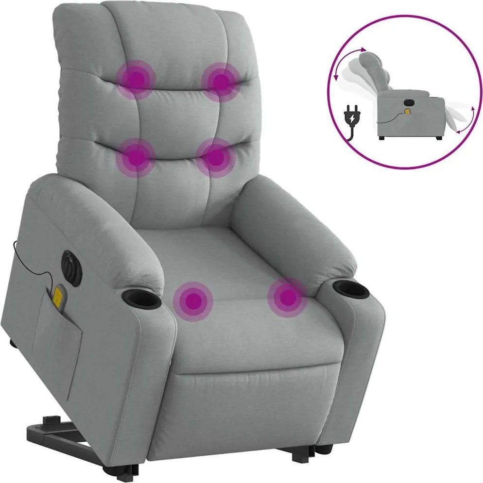 Elektrické zvedací masážní polohovací křeslo světle šedé textil 3206672