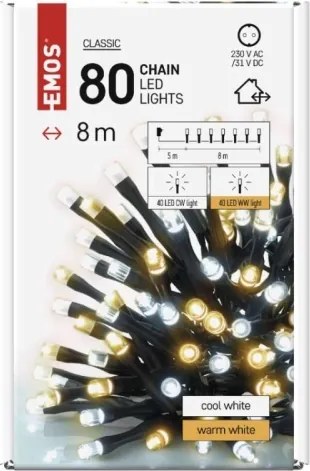 Vánoční osvětlení EMOS D4AN04 80LED řetěz 8m teplá/studená bílá s časovačem
