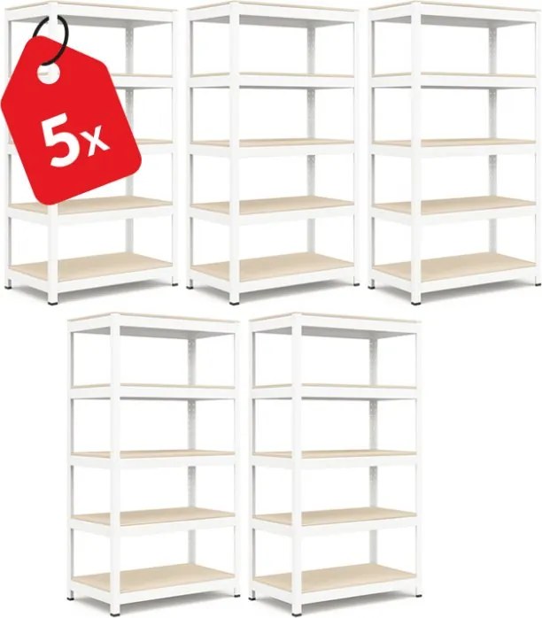 Akce 5x Regál 183x90x40 cm lakovaný 5-policový, nosnost 100 kg, RIVET - bílý