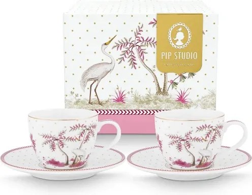 Pip Studio Jolie Dots Gold sada 2 ks espresso šálků s podšálky 100ml, růžová (dárková sada 2 espresso hrnků z tenkostěnného porcelánu)