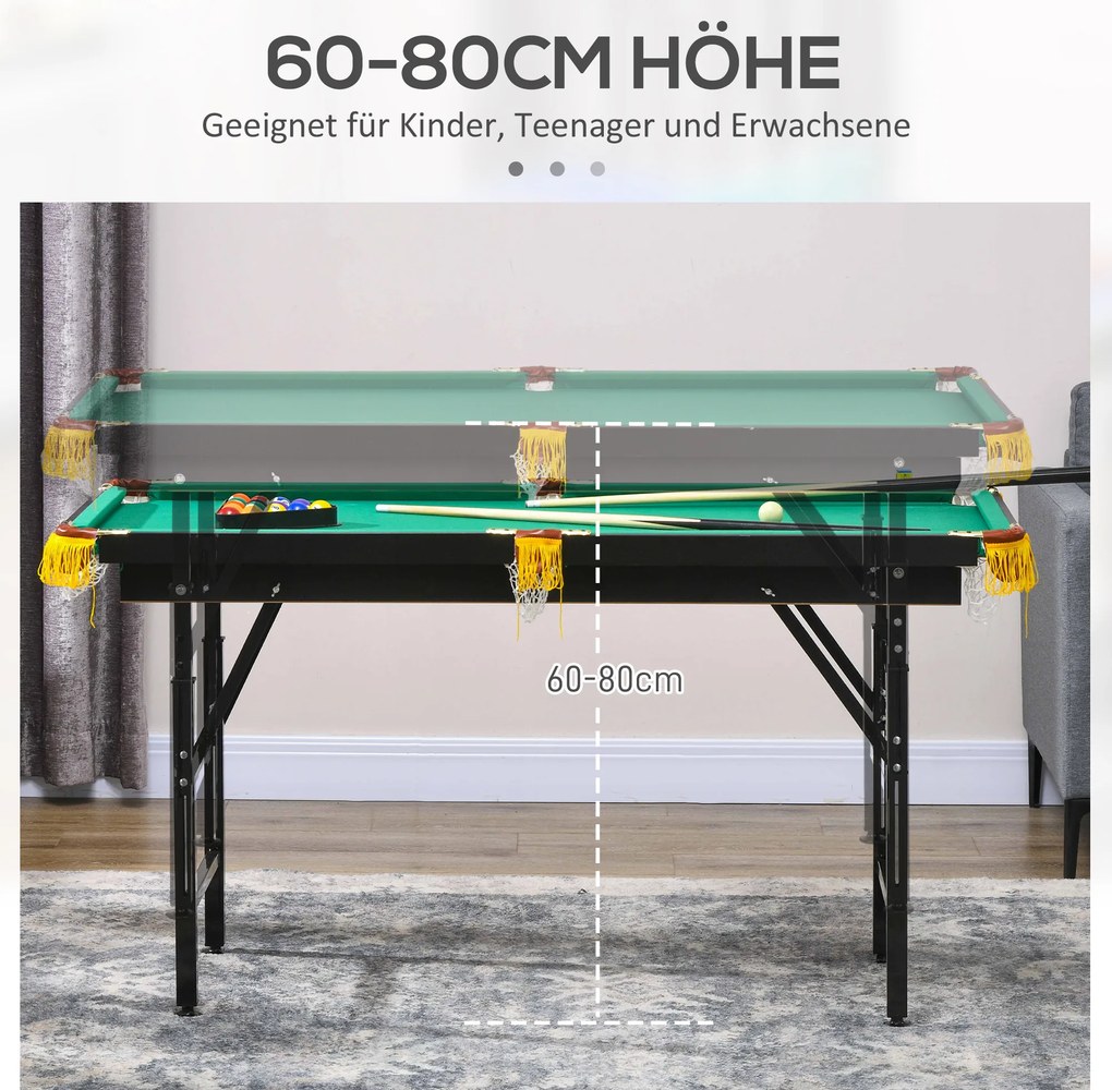 SPORTNOW multigame herní stůl 2v1 multifunkční stůl na stolní tenis a kulečník pro děti a dospělé, ocel 140x63x60-80cm, zelený | Aosom.de