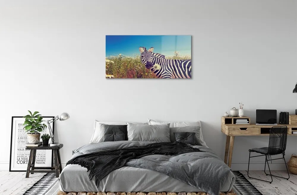 Obraz na skle zebra květiny 140x70 cm