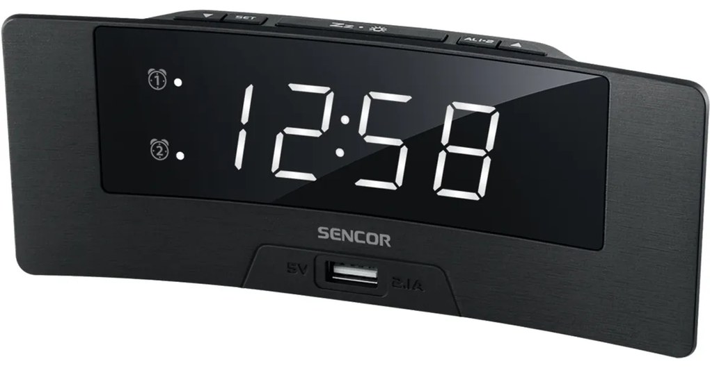 Sencor SDC 4912 WH hodiny s budíkem a USB nabíječkou, černá