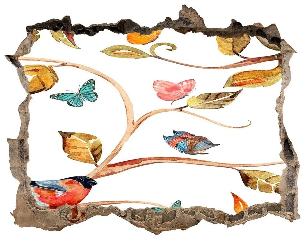 Wallmuralia Díra 3D fototapeta nálepka Ptáci a motýli 95x64 cm
