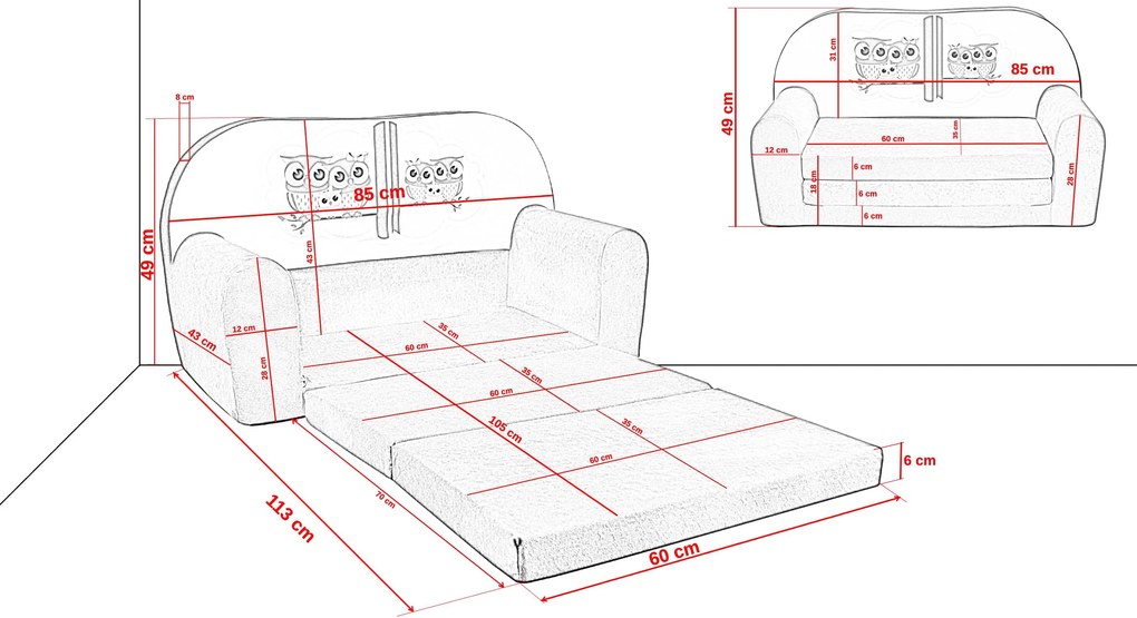 Dětská rozkládací mini pohovka Medvídci červená