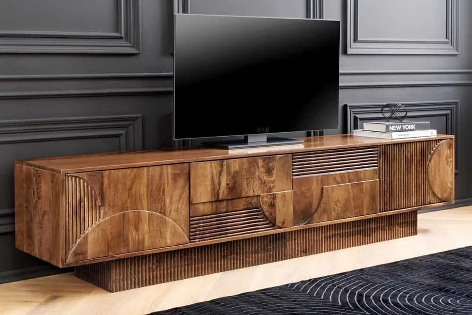 Designový 3D stolek pod TV z masivu Art Deco Mango hnědá 200cm