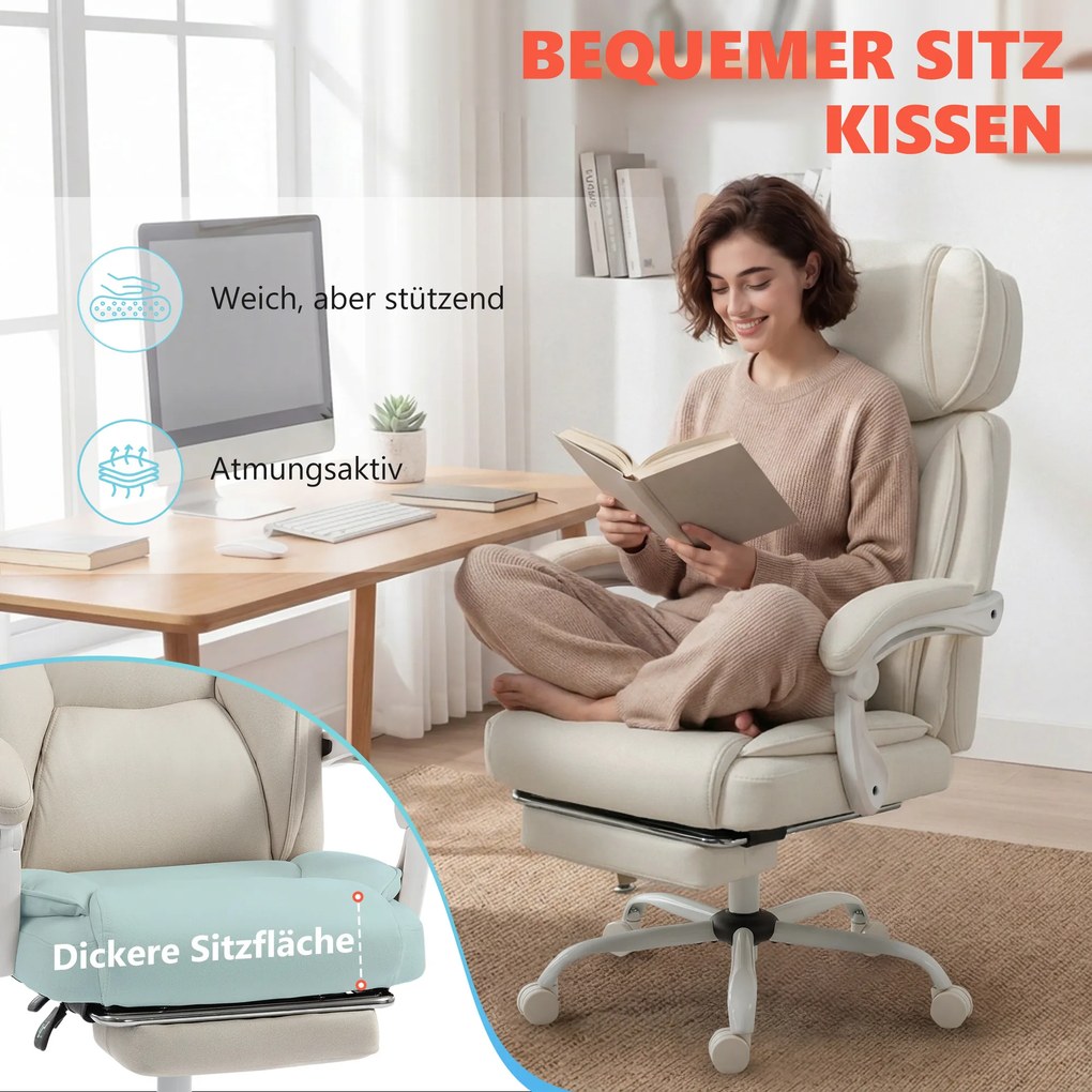 HOMCOM Kancelářská židle s vysokým opěradlem s vibrační masáží a vyhříváním, ergonomická, naklápěcí, s opěrkou nohou, krémově bílá