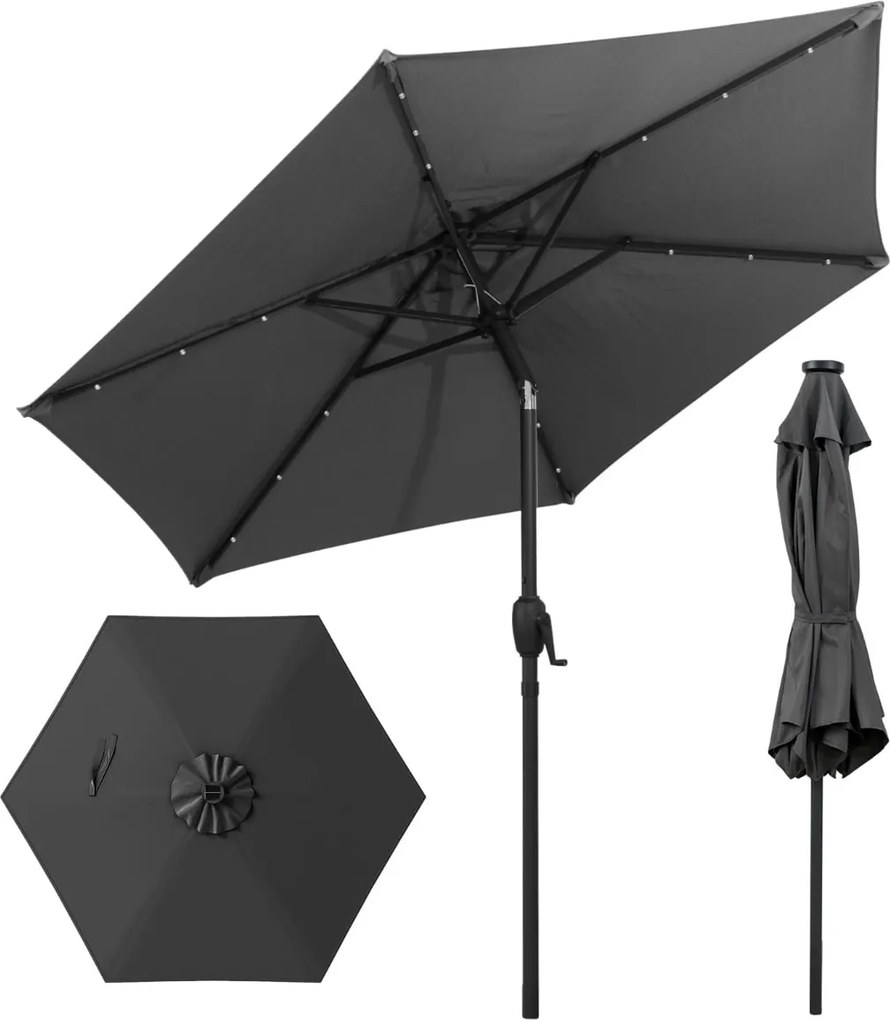 Costway Slunečník 230 cm s LED solárním osvětlením a klikou market, šedá